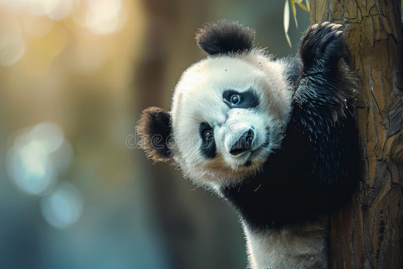 A Regal Panda Poses Close-up on a Tree. Lazy Panda Bear on a Tree ...