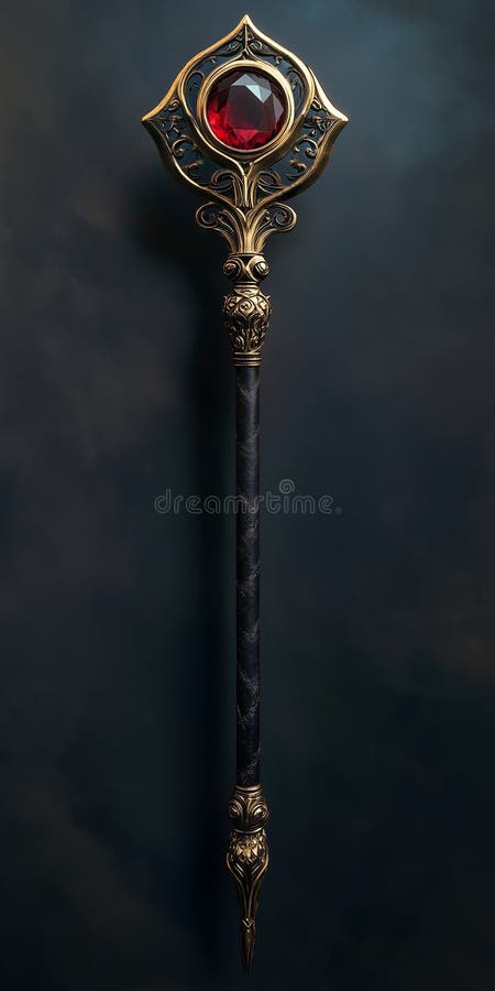 A Regal Staff Features a Ruby-like Gem Set within an Ornate Gold Frame, Adding a Touch of ...