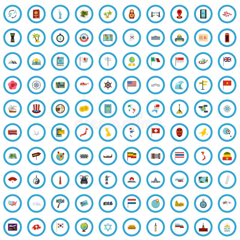 100 Region Icons Set, Flat Style Stock Vector - Illustration of london ...