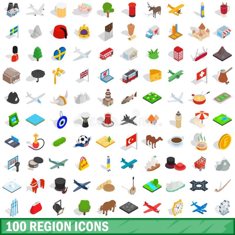 100 Region Icons Set, Isometric 3d Style Stock Vector - Illustration of ...
