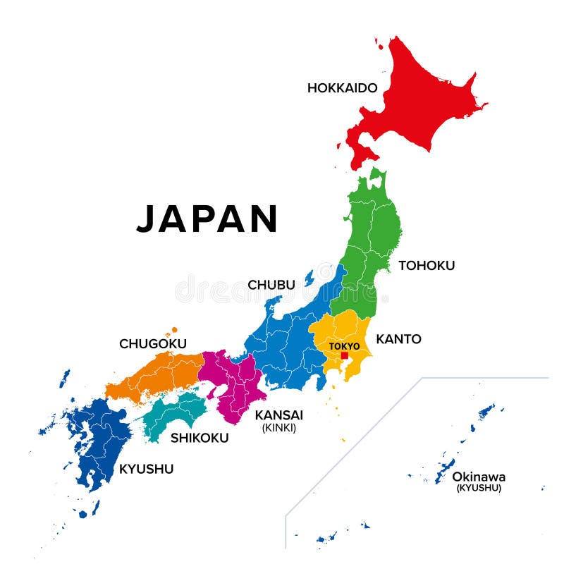 Regions of Japan, Colored Political Map Stock Vector - Illustration of ...