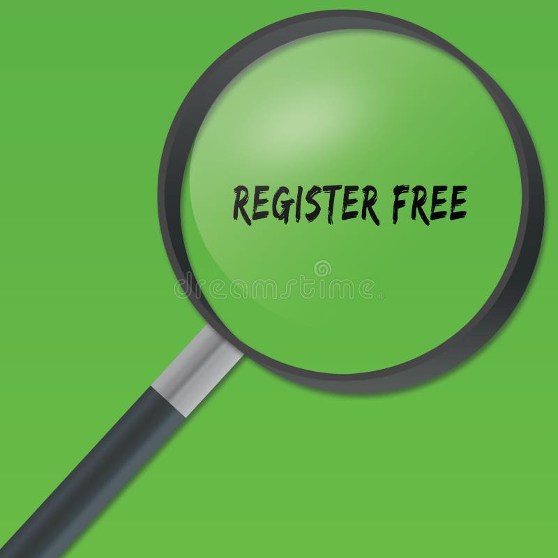 REGISTER FREE Text Under a Magnifying Glass on Green Background. Stock ...