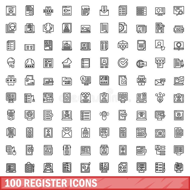 100 Register Icons Set, Outline Style Stock Vector - Illustration of ...