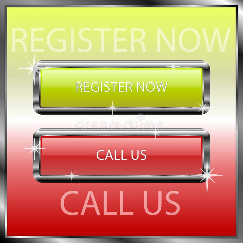 Register Now and Call Us Buttons on a Color Reflective Surface Stock ...