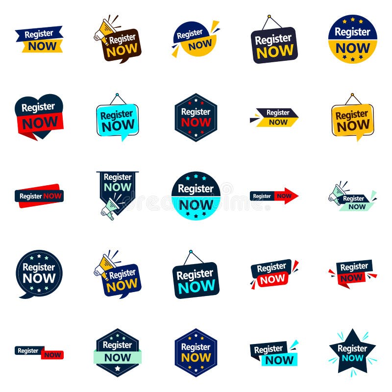 Register Now 25 Eye Catching Typographic Designs Stock Vector ...