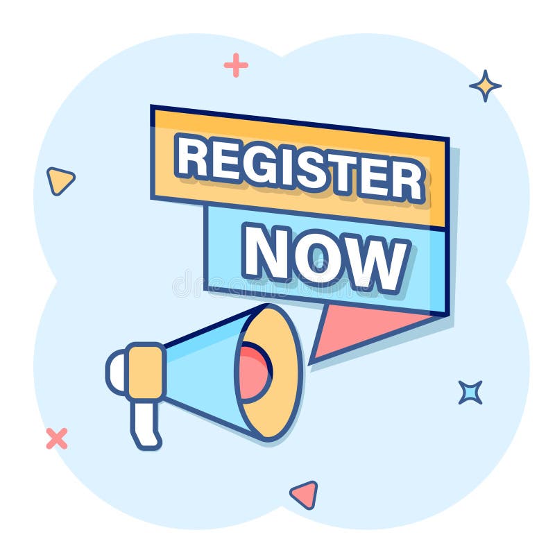 Register Now Icon in Comic Style. Registration Cartoon Vector ...