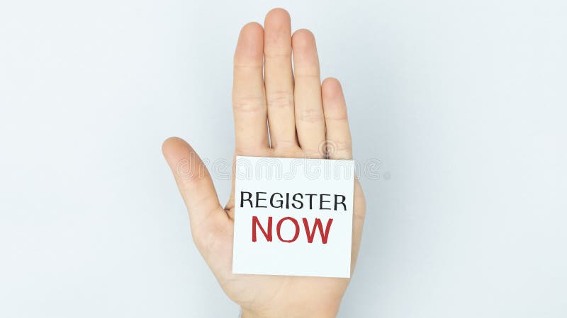 REGISTER NOW Message on the Card Held Stock Photo - Image of ...