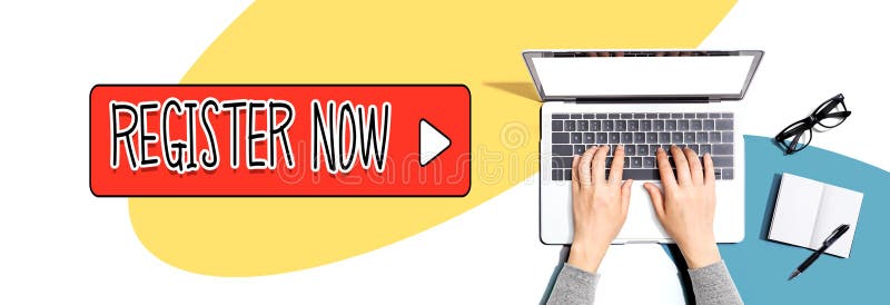 Register Now with Person Using a Laptop Stock Image - Image of computer ...