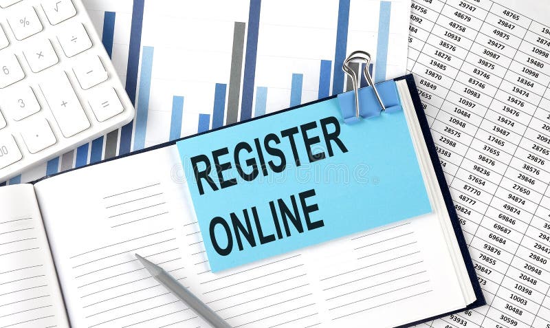 REGISTER ONLINE Text on Blue Sticker on the Chart Background Near ...