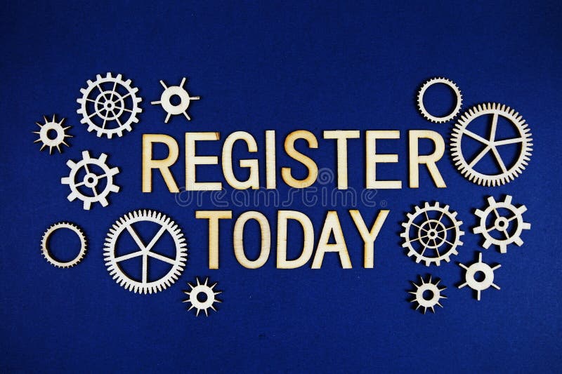 Register Today Alphabet Letters with Gears Element on Navy Blue ...