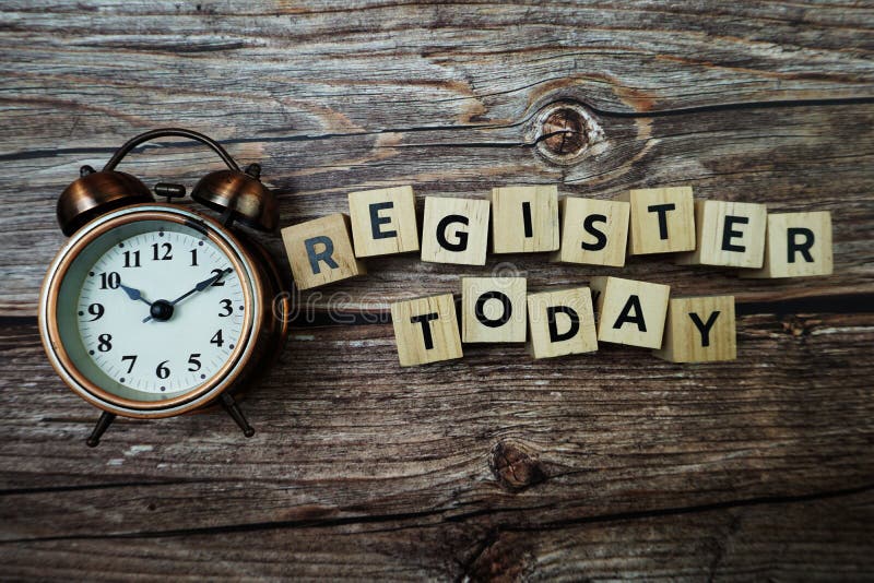 Register Today Alphabet Letters with Gears Element on Navy Blue ...