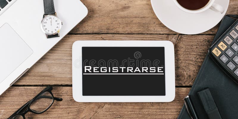 Registrarse, Spanish Text for Register on Screen of Tablet Computer at ...