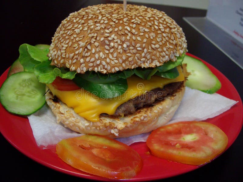Regular Cheeseburger with Tomatoes and Cucumber Stock Image - Image of ...