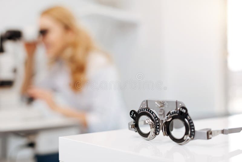 Regular Qualified Ophthalmologist Using Various Equipment Stock Photo ...