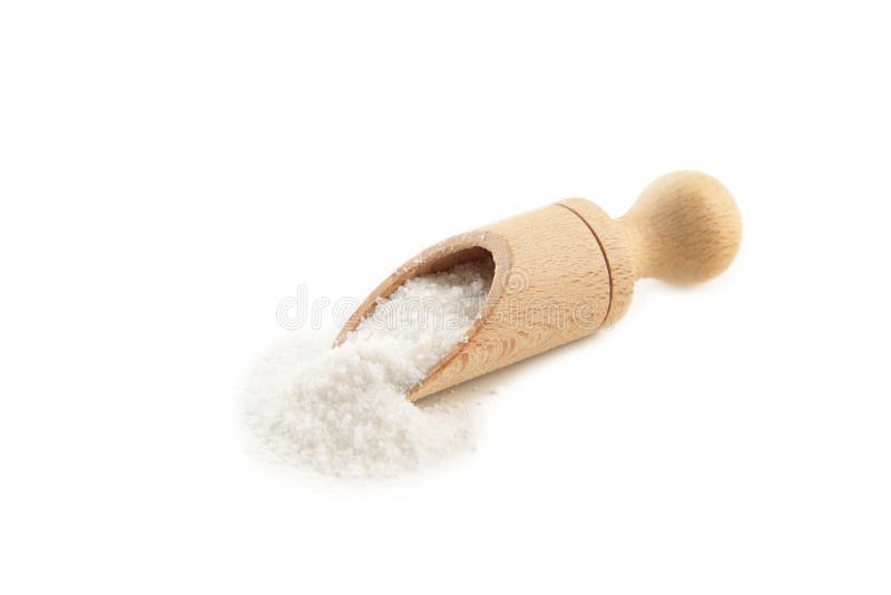 Regular Table Salt in a Wooden Spoon Isolated on White Background Stock ...