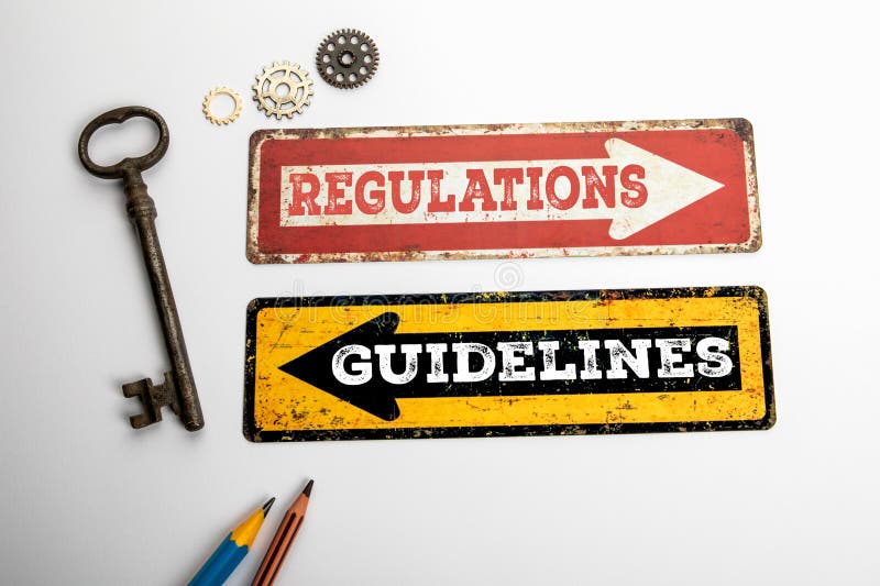 Regulations and Guidelines. Red and Yellow Directional Arrow with Text ...