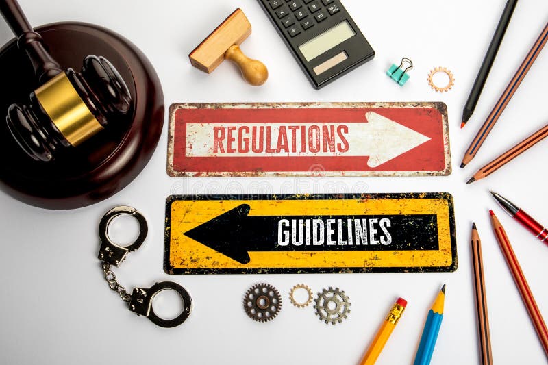 Regulations Guidelines Red Yellow Directional Arrow Text Stock Photos ...