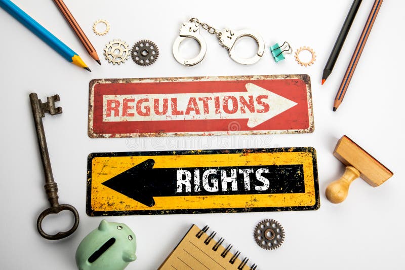 Regulations and Rights. Red and Yellow Directional Arrow with Text ...