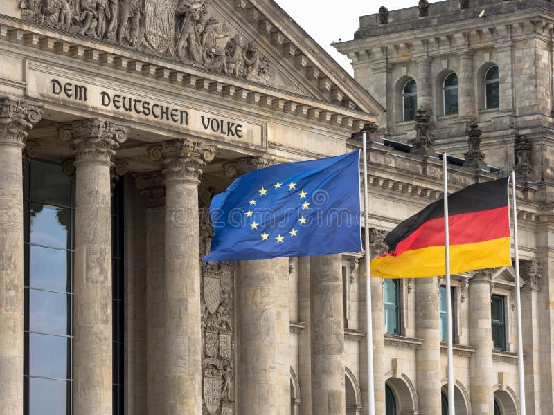 Reichstag in Berlin with EU Flag and German Flag Stock Image - Image of ...