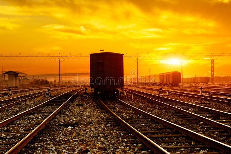 Reight Train Passing by on Sunset Beam Stock Image - Image of long ...