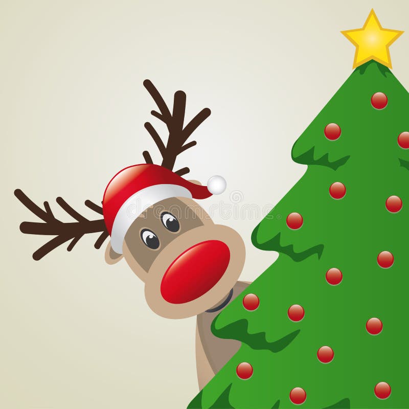 Reindeer Behind Christmas Tree Stock Illustration - Illustration of ...