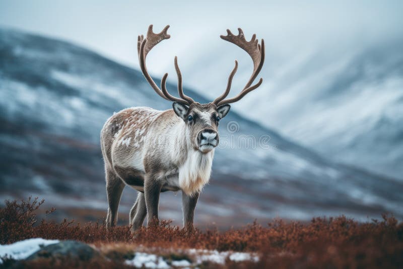 Reindeer with Big Antlers Walking in Winter Tundra Stock Illustration ...
