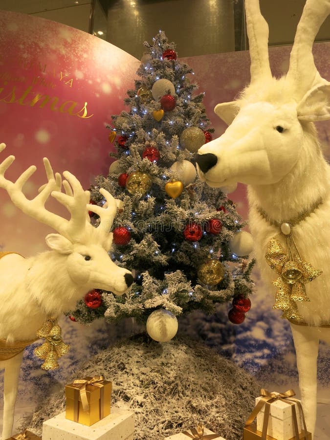 Reindeer with Christmas Tree and Presents - Portrait Version Editorial ...