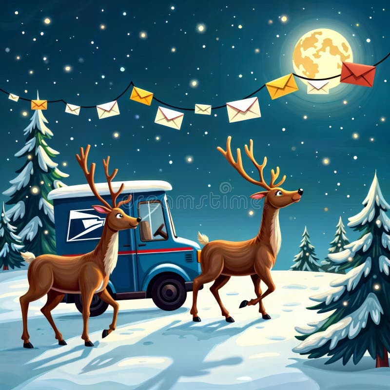 Reindeer Delivering Mail on a Magical Christmas Eve, Generative Ai ...