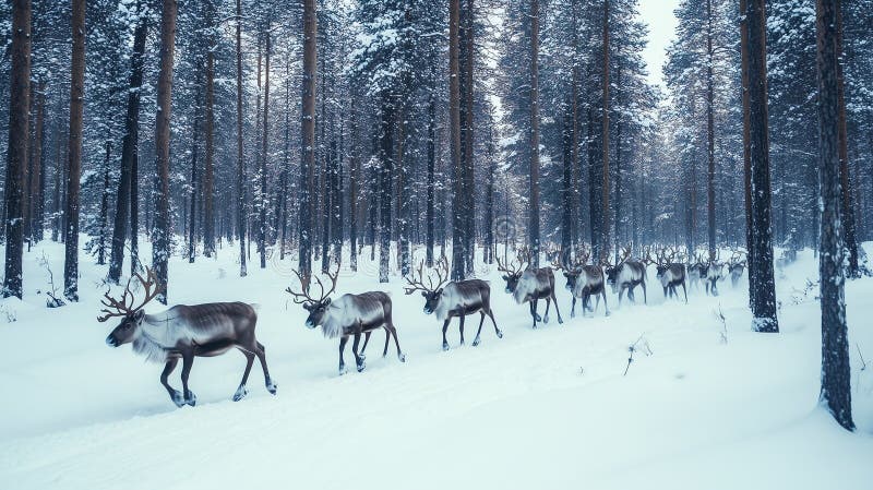 Reindeer Herd Moving through a Snowy Forest Stock Image - Image of cold ...