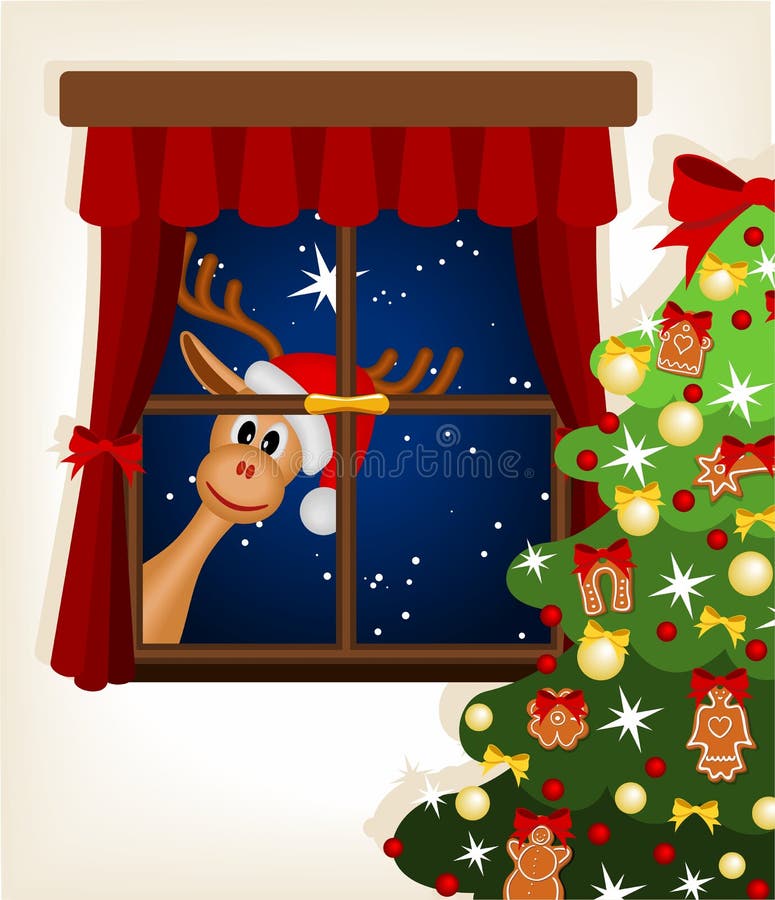 Funny Reindeer with Christmas Lights in Dark Stock Illustration ...