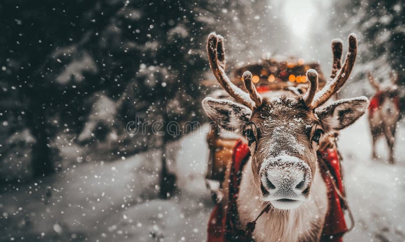 Reindeer Pulling a Sled in a Snowy Forest Stock Illustration ...
