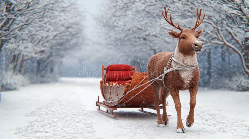 A Reindeer Pulling a Sled through a Snowy Landscape, Surrounded by ...