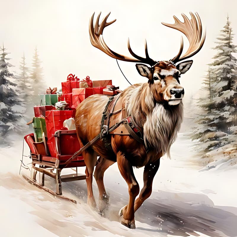 Reindeer Pulling Sleigh with Presents in Snowy Forest Scene Stock Photo ...