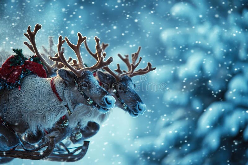 Reindeer Pulling Sleigh through Snowy Forest Stock Illustration ...