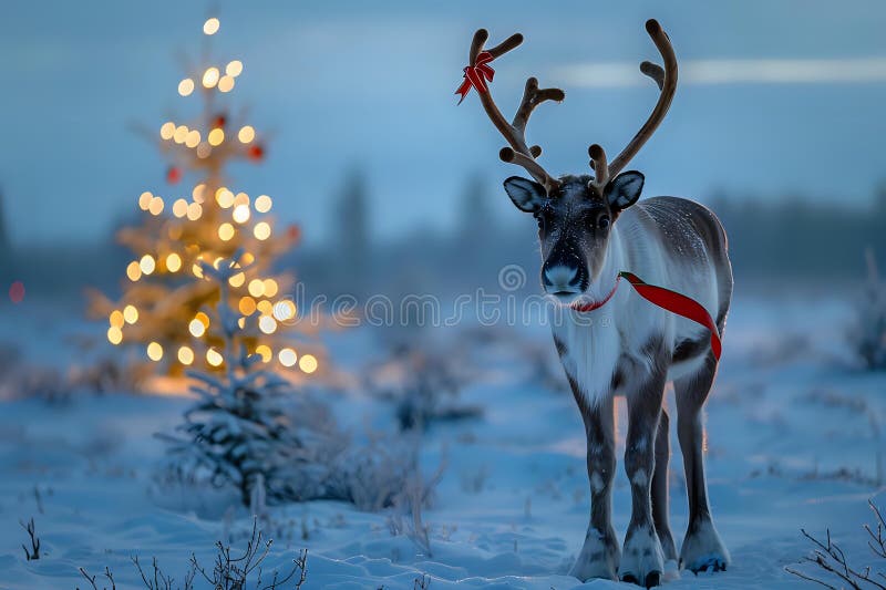 Reindeer with Red Bow, Festive Tree, Winter Wonderland Stock ...