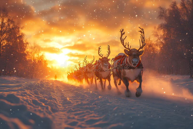 Reindeer Sleigh Ride at Sunset Stock Illustration - Illustration of ...