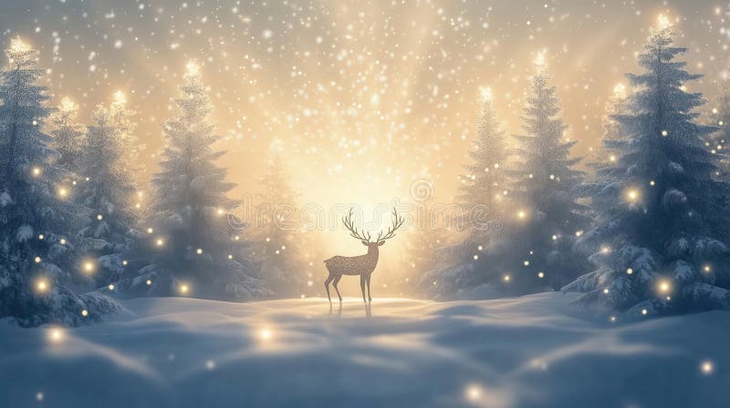 Reindeer Standing in Snowy Forest with Christmas Trees and Falling Snow ...