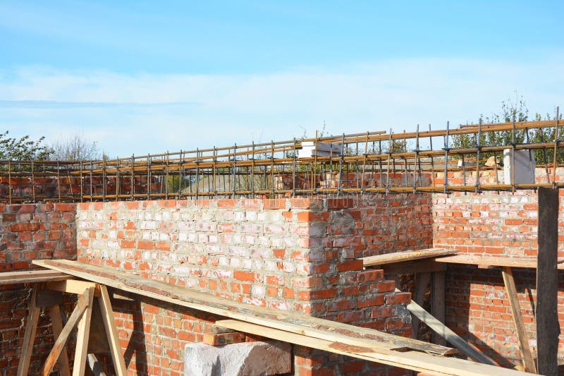 Reinforcement Concrete Bars with Wire Rod. Brickwork with Iron Bars for ...