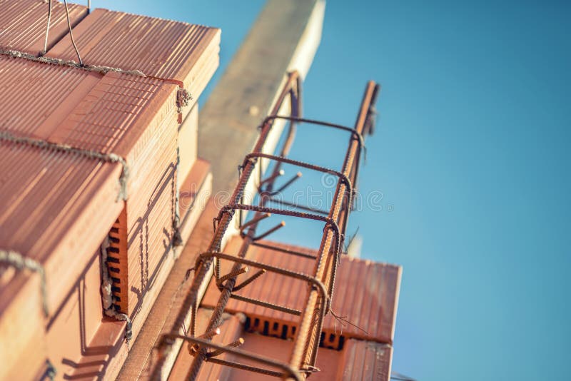 Reinforcement Steel Bars on Pillars and Layers of Bricks on New House ...