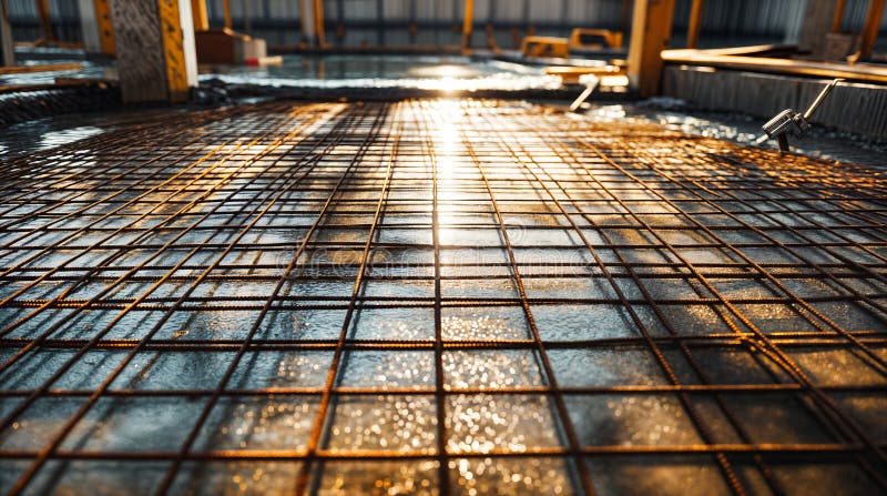 Reinforcing Metal Mesh on a Construction Site, Illuminated by the ...