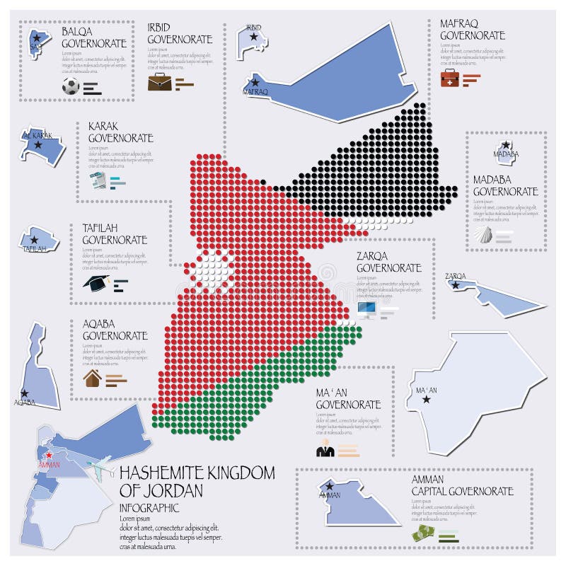 Reino Hashemite De Dot and Flag Map of De Jordan Infographic Ilustração ...