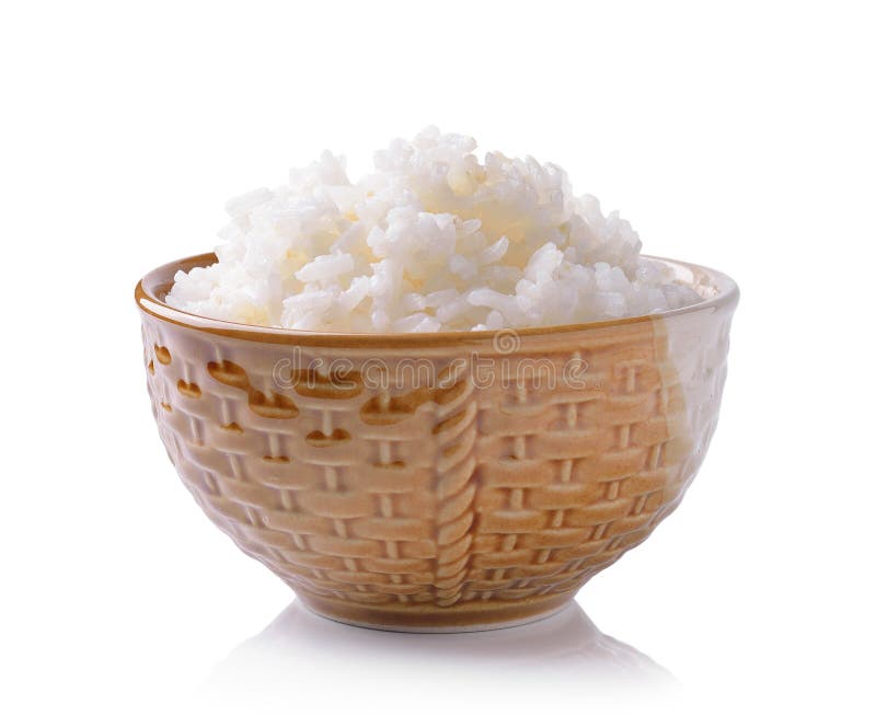 Reis in Einer Schüssel Und in Einem Glas Wasser Auf Weißem Hintergrund ...