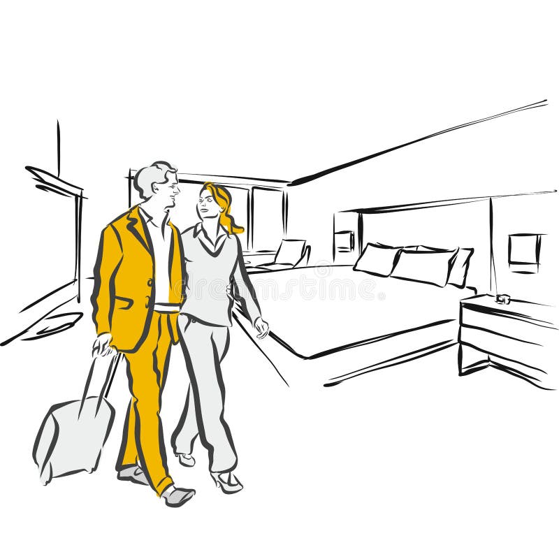 Hotelzimmerdoppelbett Frontal, Blaue Reihe Vektor Abbildung ...