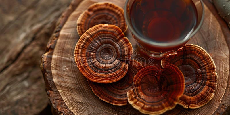 Reishi Tea and Ganoderma Lucidum Mushroom on Wooden Surface. Generative ...