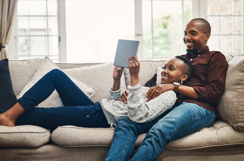 Relax, Love and Tablet with Black Couple on Sofa for Streaming Service ...