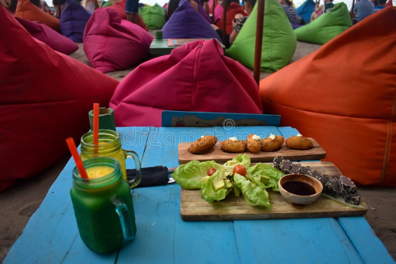 Relax with Mango Juice, Salad and Snacks Stock Photo - Image of mango ...