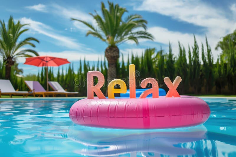 Relax Spelled Out on a Vibrant Pink Pool Float in a Serene Tropical ...
