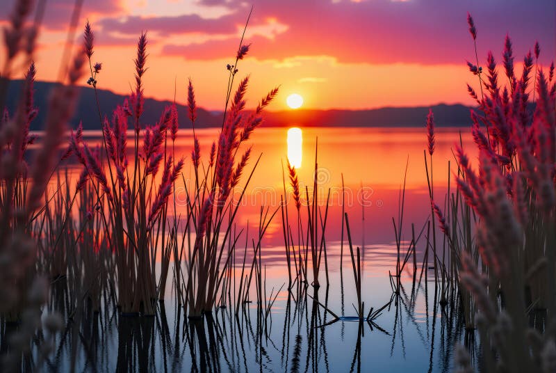 Relax sunset lake scene stock illustration. Illustration of light ...