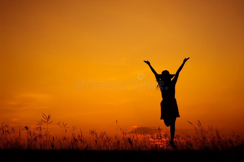 Relax Woman Jumping and Sunset Silhouette Stock Photo - Image of girl ...