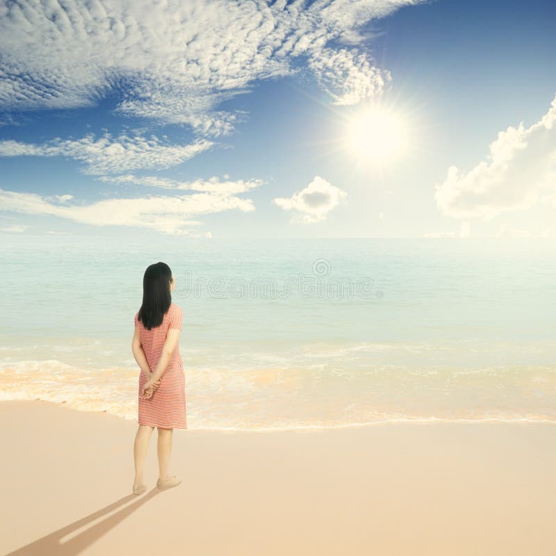 Relax Woman Standing on Beach Sun Sky in Thailand Stock Image - Image ...